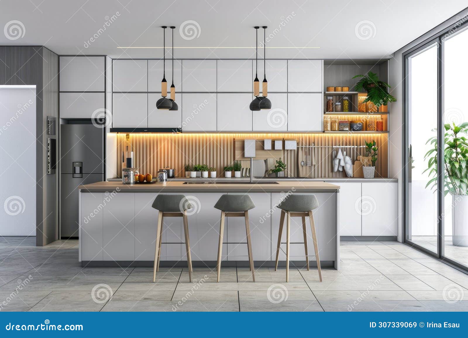 Light-toned Kitchen with Bar Counter Stock Image - Image of floor ...