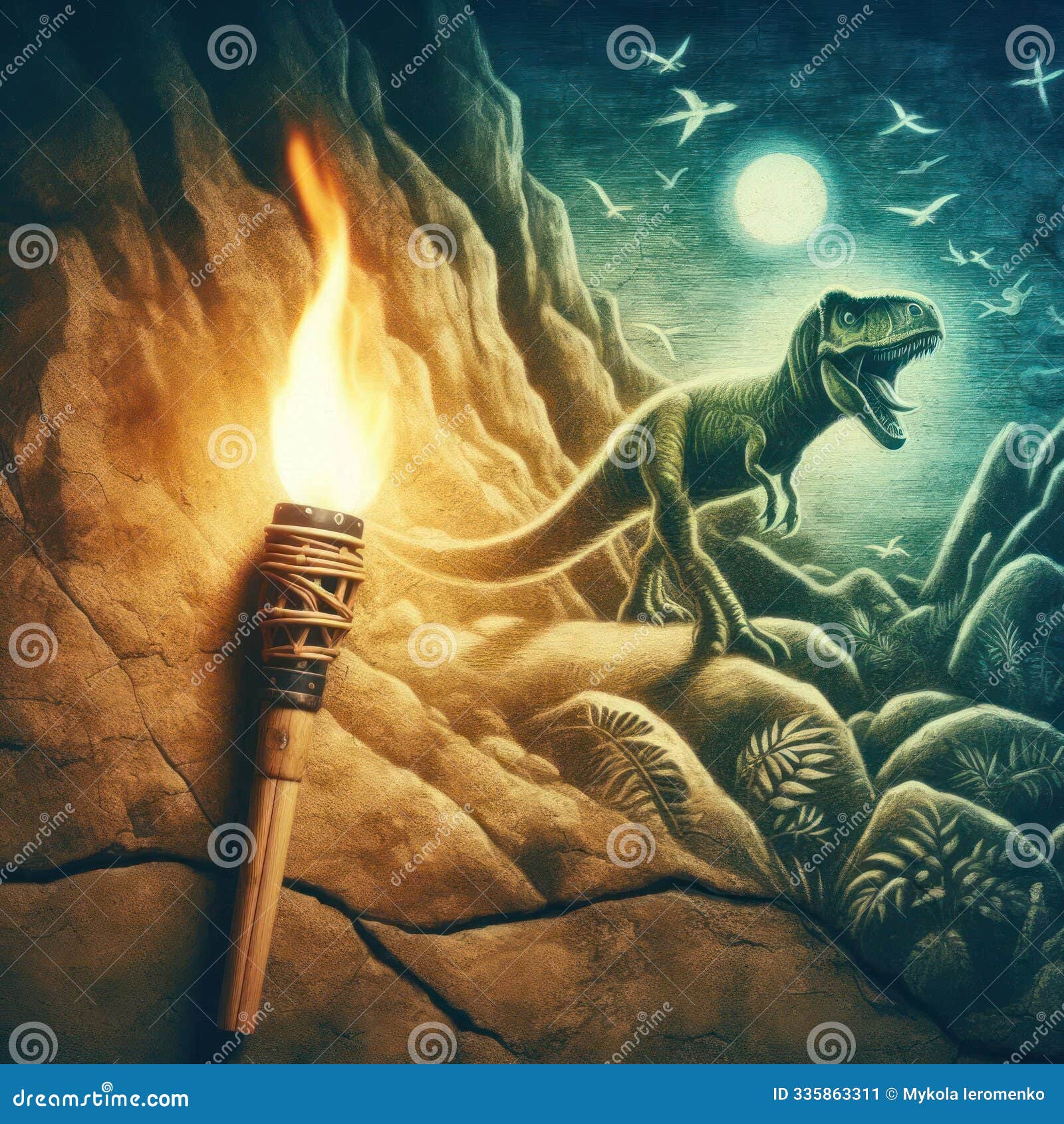 The Light from the Torch Illuminates the Drawing of a Dinosaur on the ...