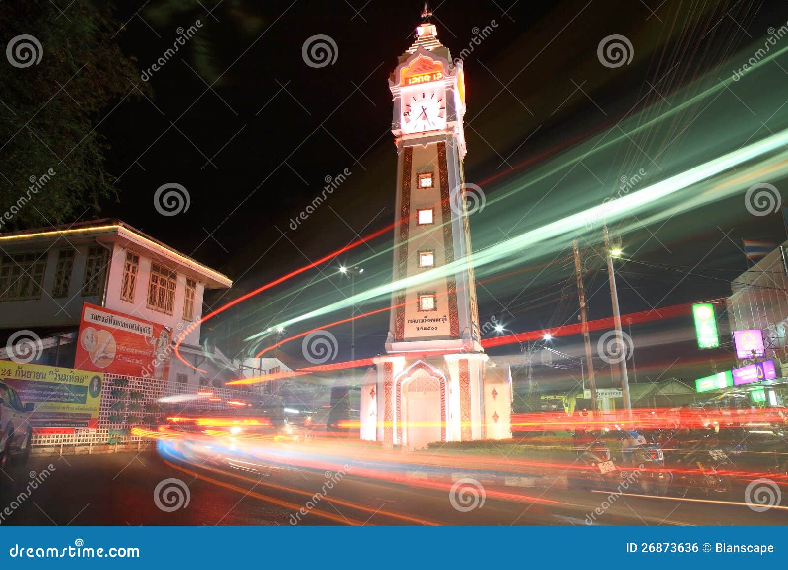 Light Trails at Clock Tower in Nonthaburi Editorial Photo - Image of ...