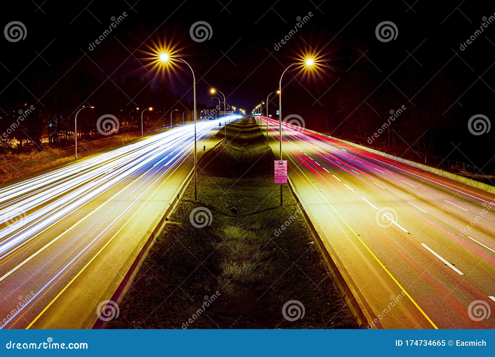 Light Trails on Highway at Night. View from Pedestrian Overpass Stock ...