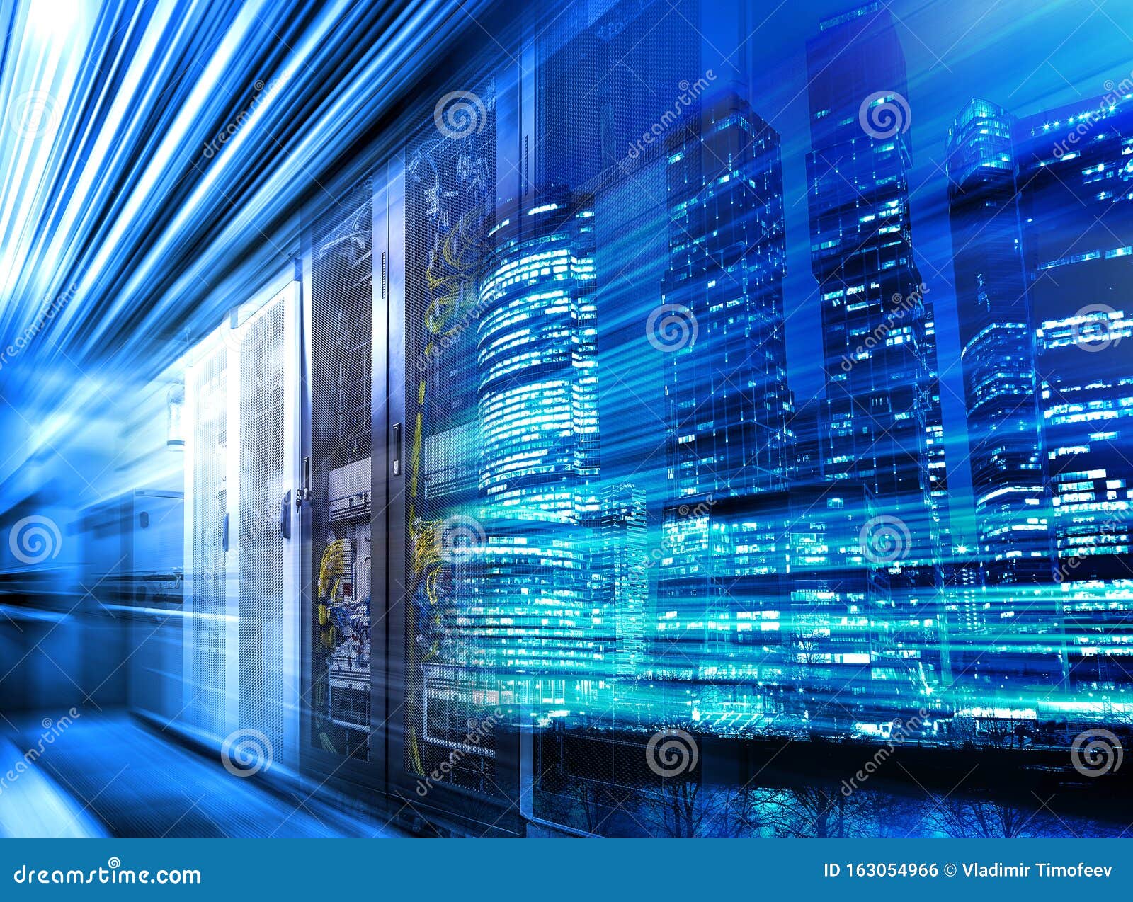 Light Trails on Modern Building Background and Data Center Servers are ...