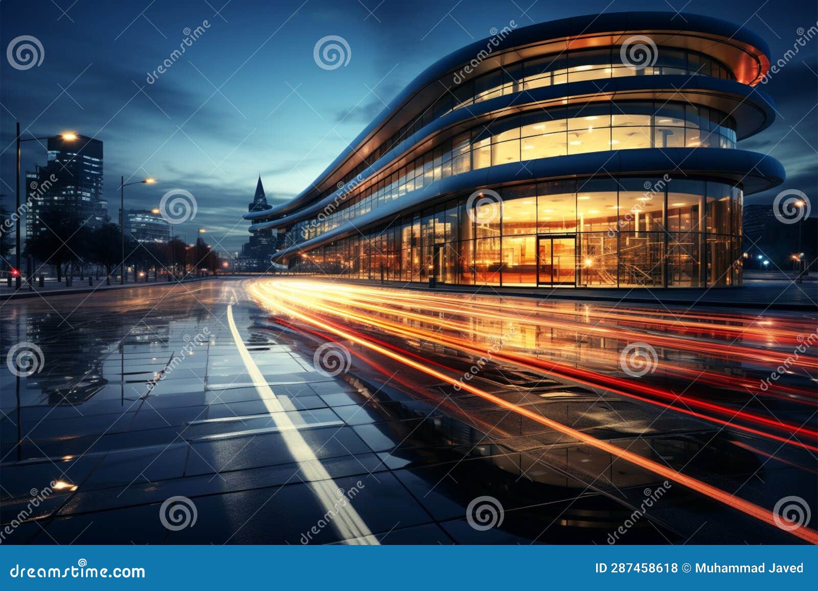 The Light Trails on the Modern Building Background Stock Illustration ...