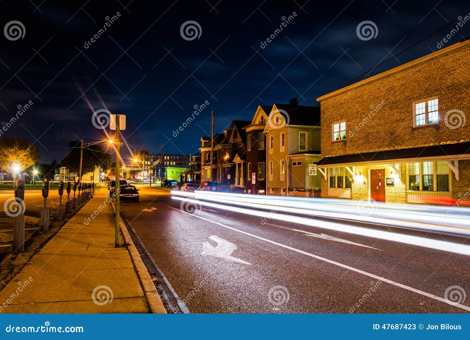 Light Trails on a Street at Night in Hanover, Pennsylvania. Stock Image ...