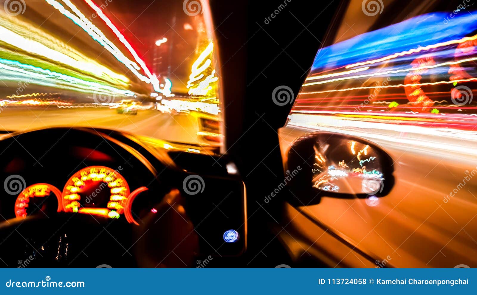 Light Trial of the Night Road and Front Panel of the Car Stock Photo ...