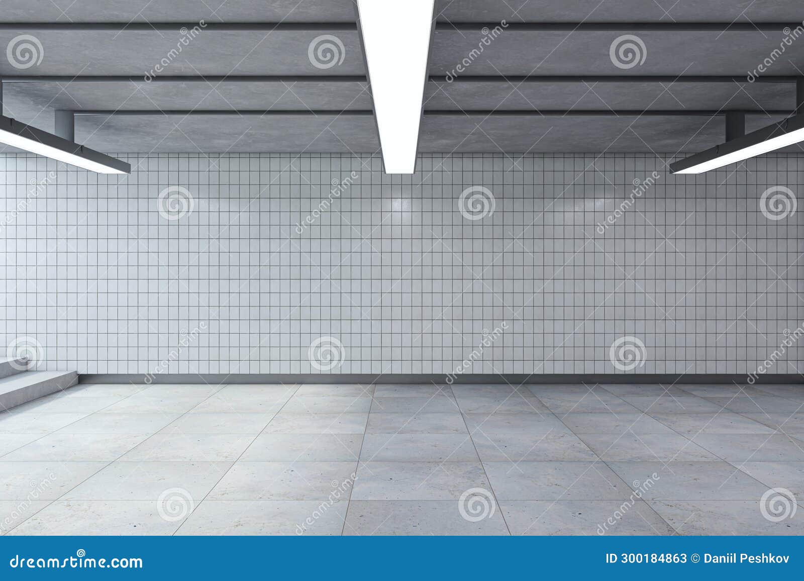 Light Underground Passage with Ceiling Lamps and Stairs. Mock Up Place ...