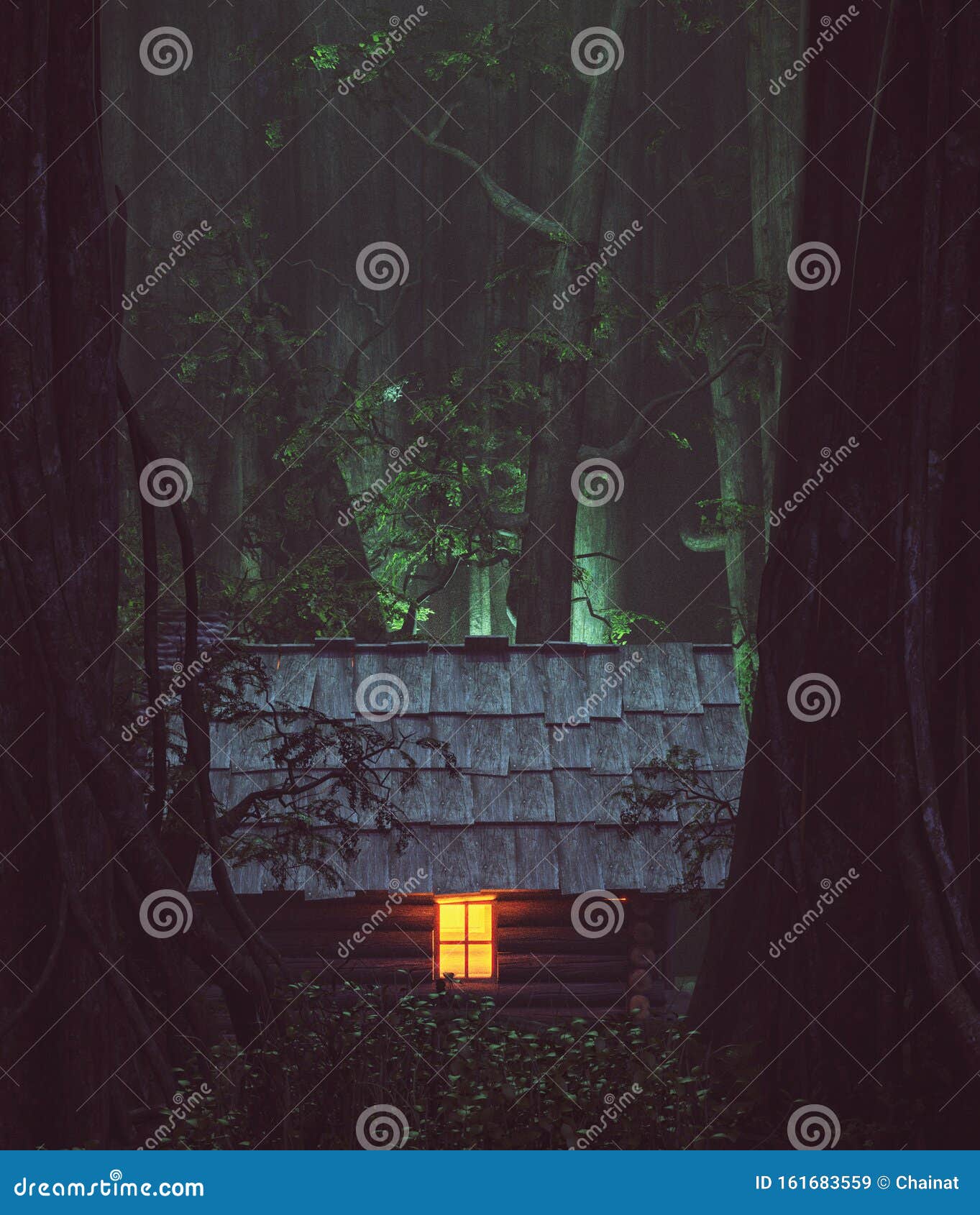 Light from Window of an Old Cabin in Haunted Forest Stock Illustration ...