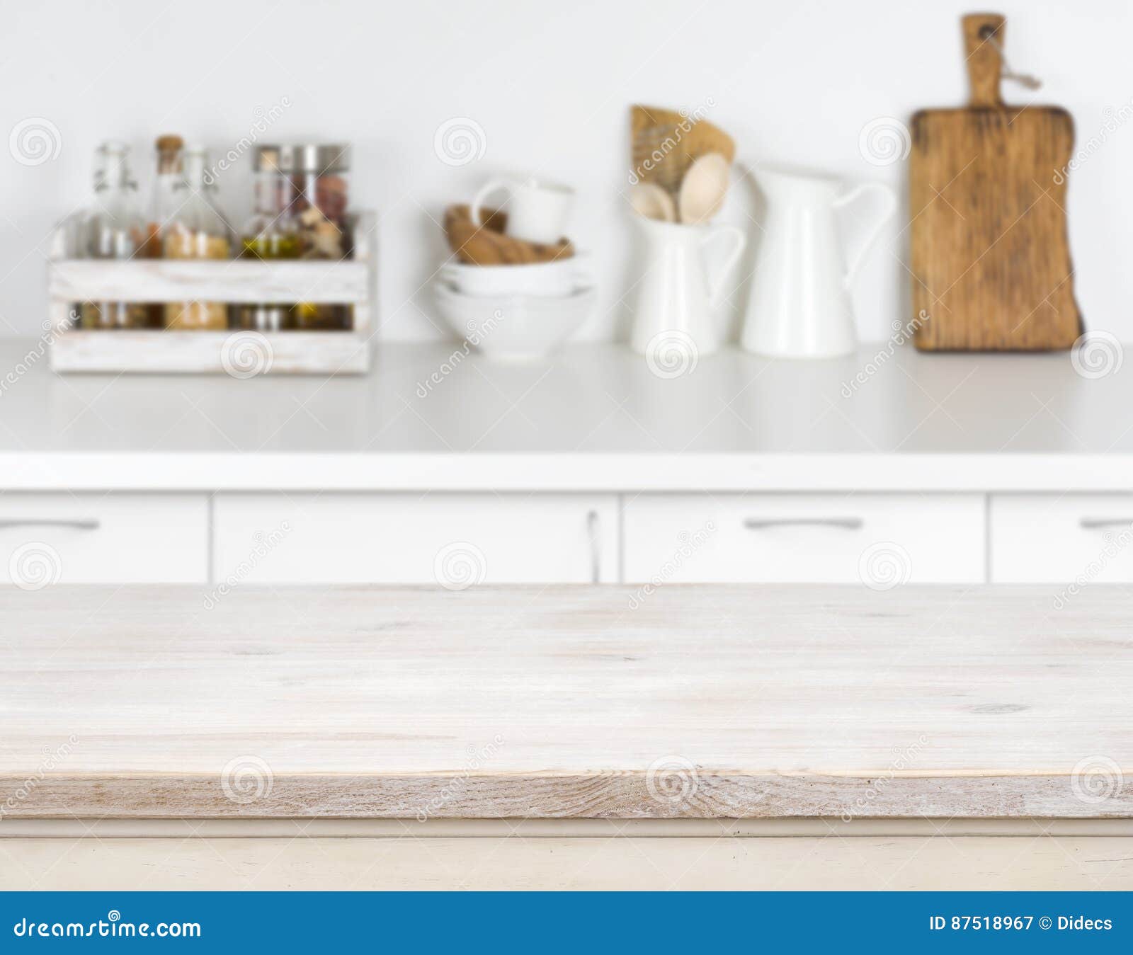 Light Wood Table with Bokeh Image of Kitchen Counter Interior Stock ...