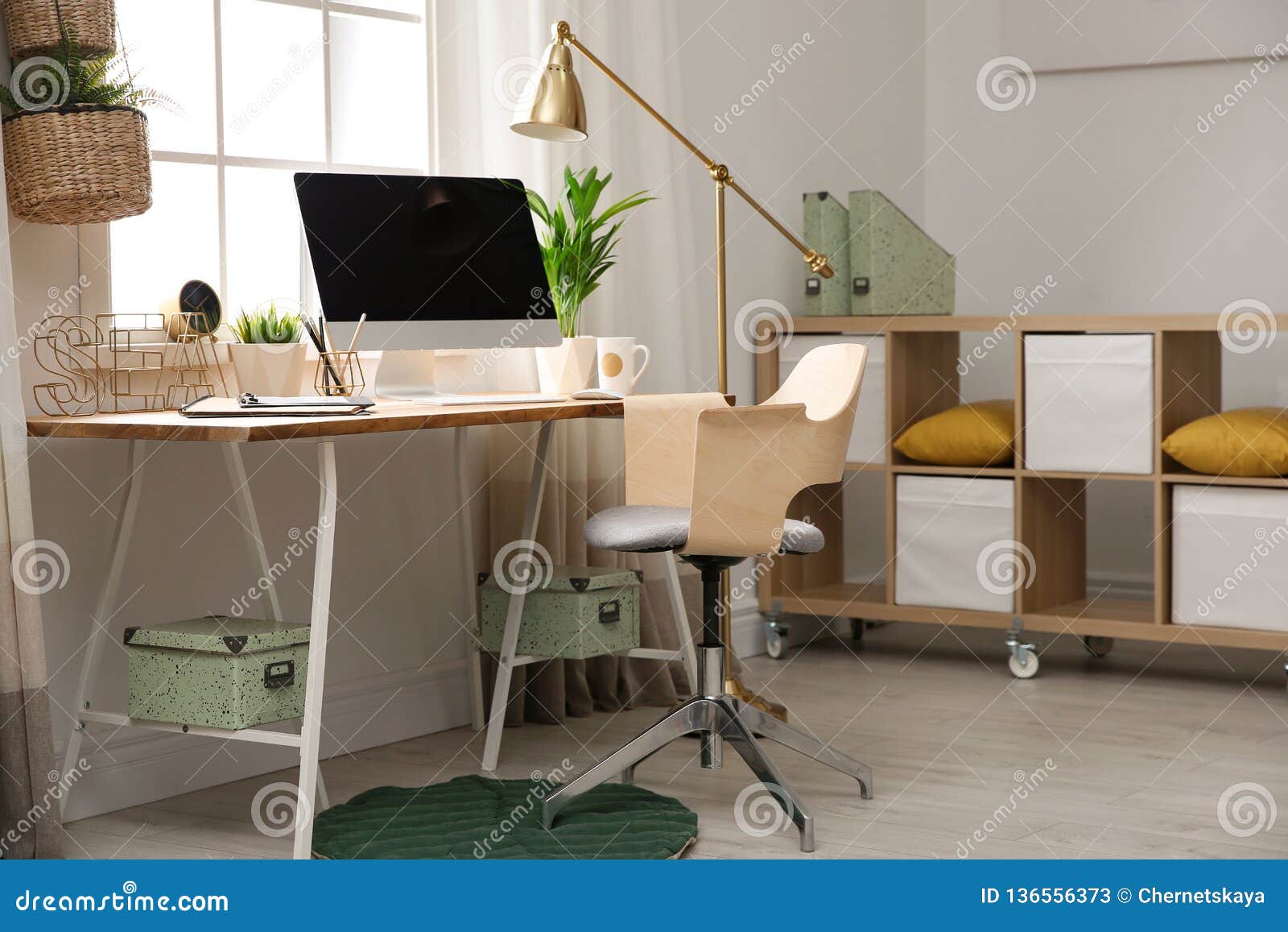 Light Work Place with Computer Near Window at Home Stock Image - Image ...