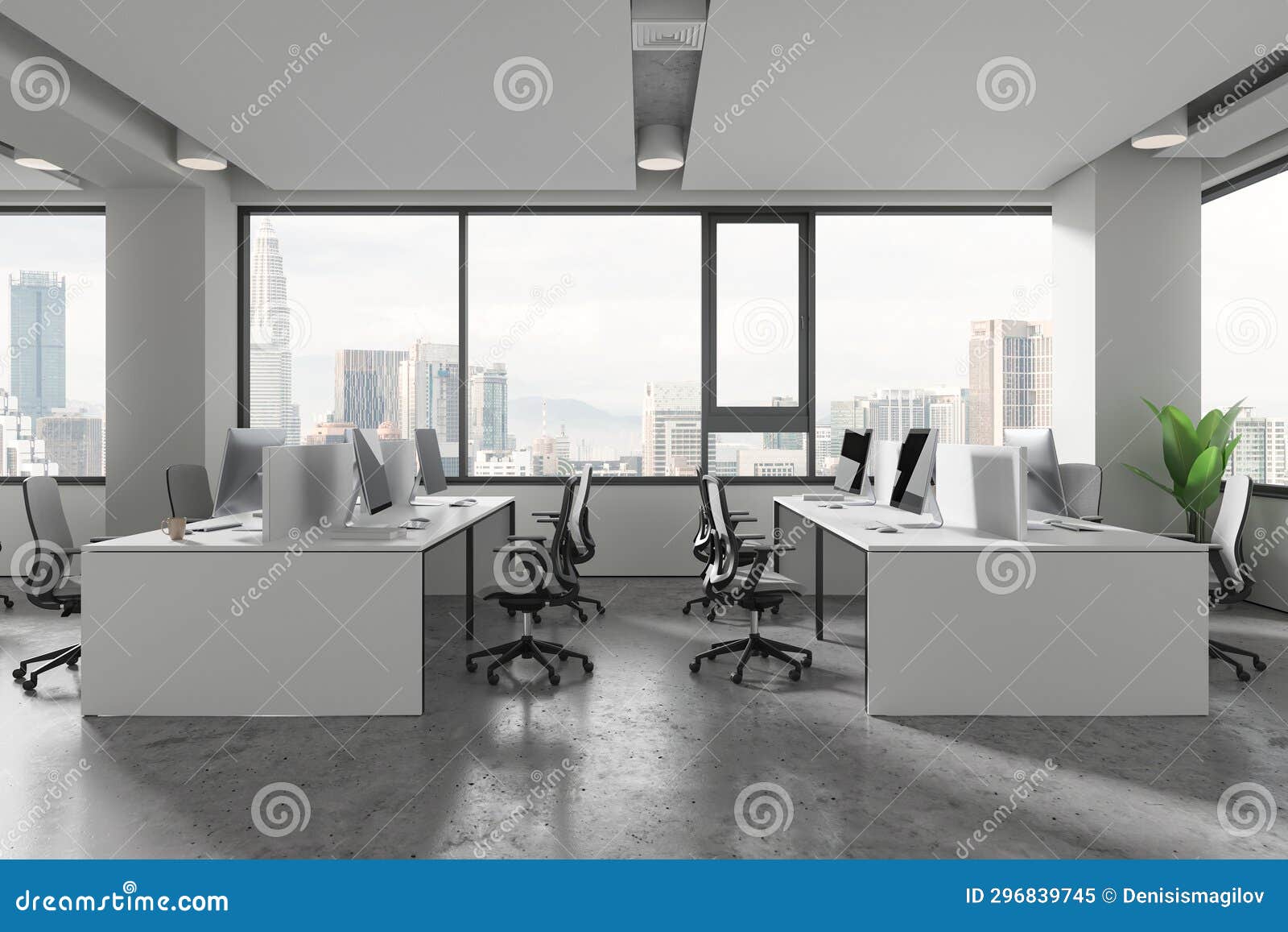 Light Workplace Interior with Pc Desktop and Table Near Panoramic ...