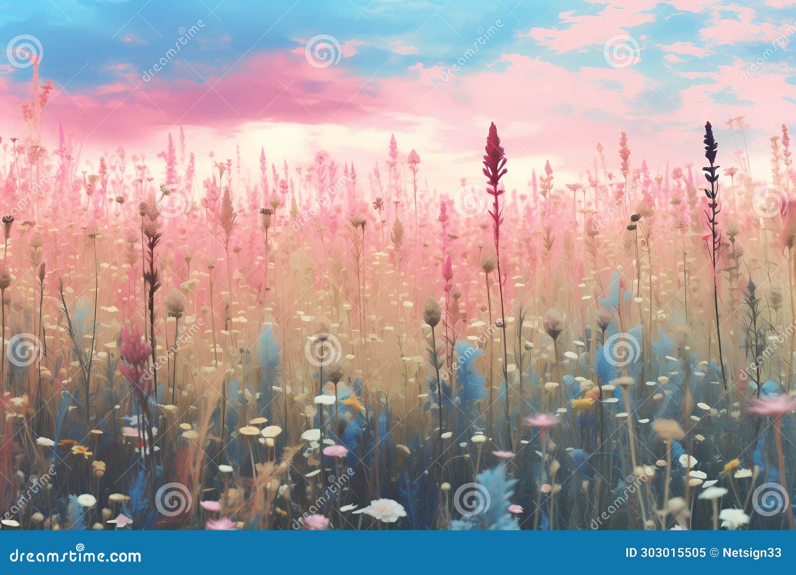 A Light Yellow Pink and Blue Background, a Field of Flowers and Plants ... A Light Yellow Pink and Blue Background, a Field of Flowers and Plants ...
