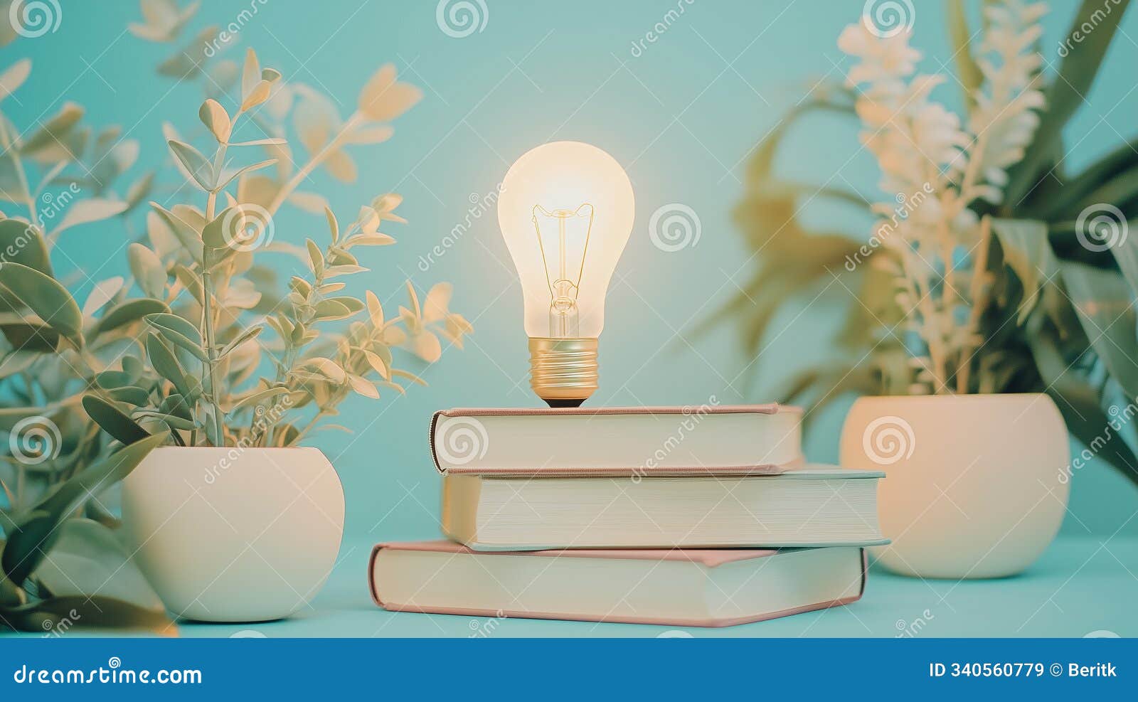 Lightbulb with Books and Plants, Education and Science Concept ...