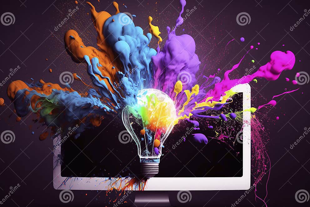 Lightbulb on Computer Screen with Colored Powder. Generative AI. Stock ...