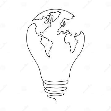 Lightbulb with Earth Map One Continuous Line Drawing Stock Illustration ...