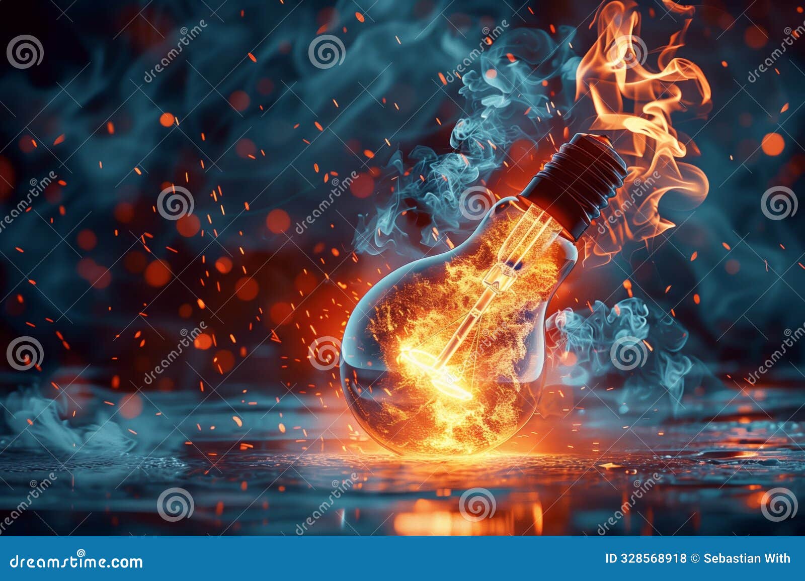A Lightbulb Engulfed in Flames and Smoke Set Against a Dramatic and ...