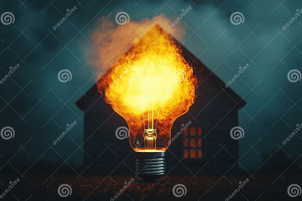 Lightbulb Exploding with Fire in Front of a House Stock Illustration ...