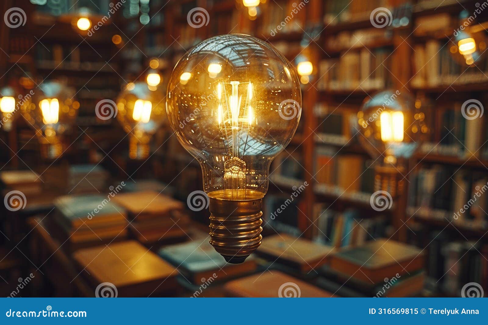 Lightbulb is Hanging from the Ceiling in Library. Light Bulbs and Books ...
