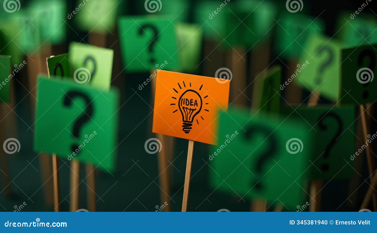 Lightbulb Idea among Question Marks Stock Photo - Image of poster, font ...