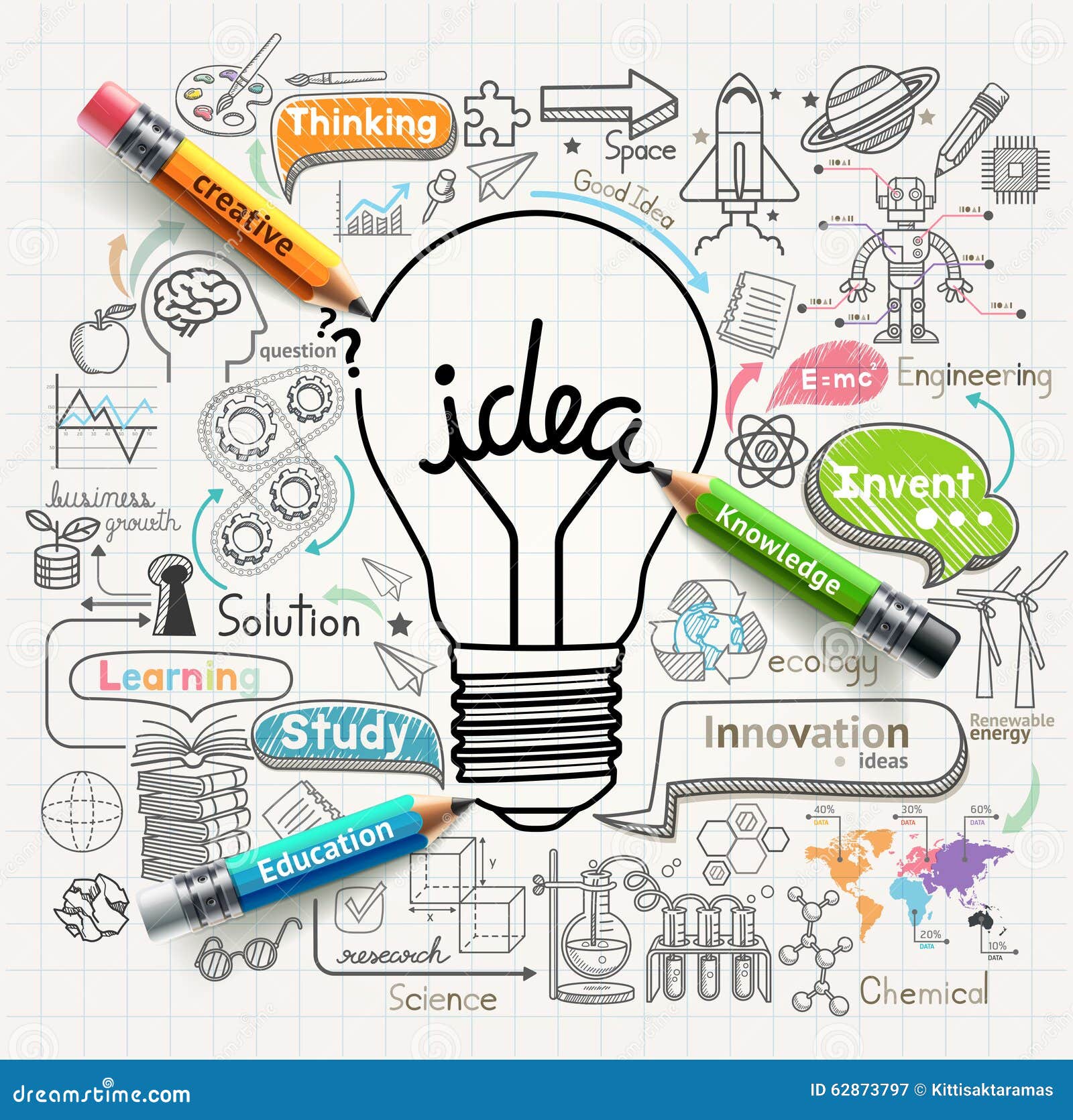 Lightbulb Ideas Concept Doodles Icons Set. Stock Vector - Illustration ...