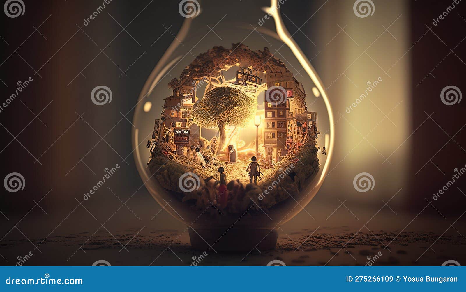 Lightbulb with a Miniature World Inside, Digital Art Illustration ...