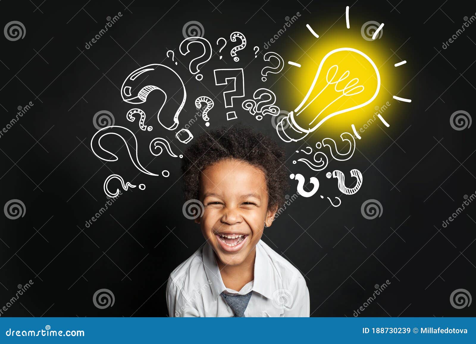 Lightbulb, Question Marks And Smart Laughing Child. Brainstorming And ...
