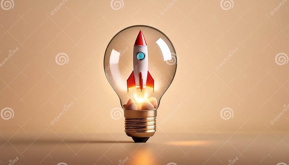 Lightbulb with Rocket Inside, Symbolizing Startup Ideas on Beige ...