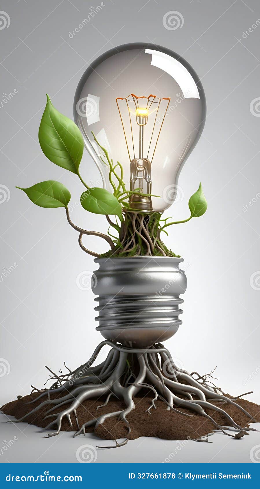 Lightbulb with Roots Growing Out of Its Base, Merging into the Ground ...