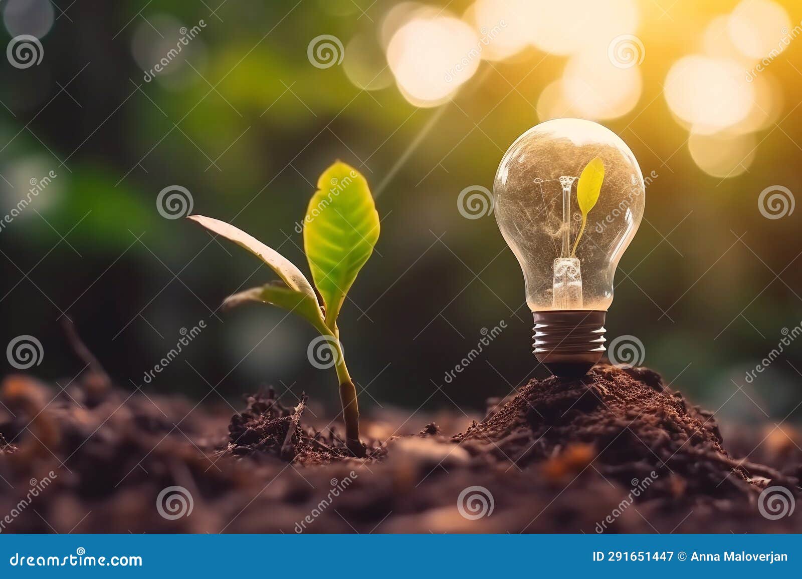 Lightbulb with Small Plant on Soil and Sunshine. Concept Saving Energy ...