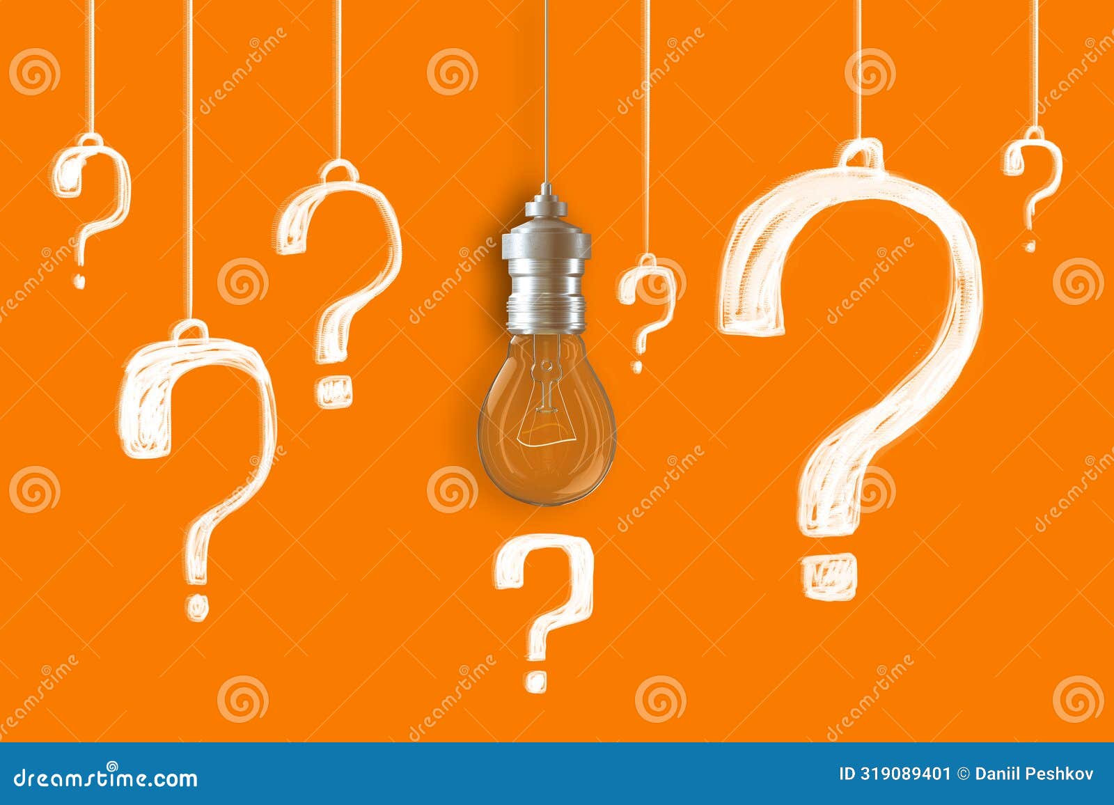 A Lightbulb Surrounded by Question Marks on an Orange Background Stock ...