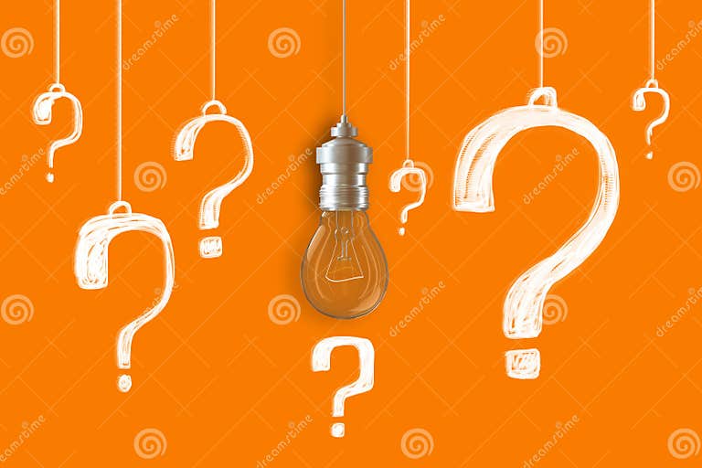 A Lightbulb Surrounded by Question Marks on an Orange Background Stock ...