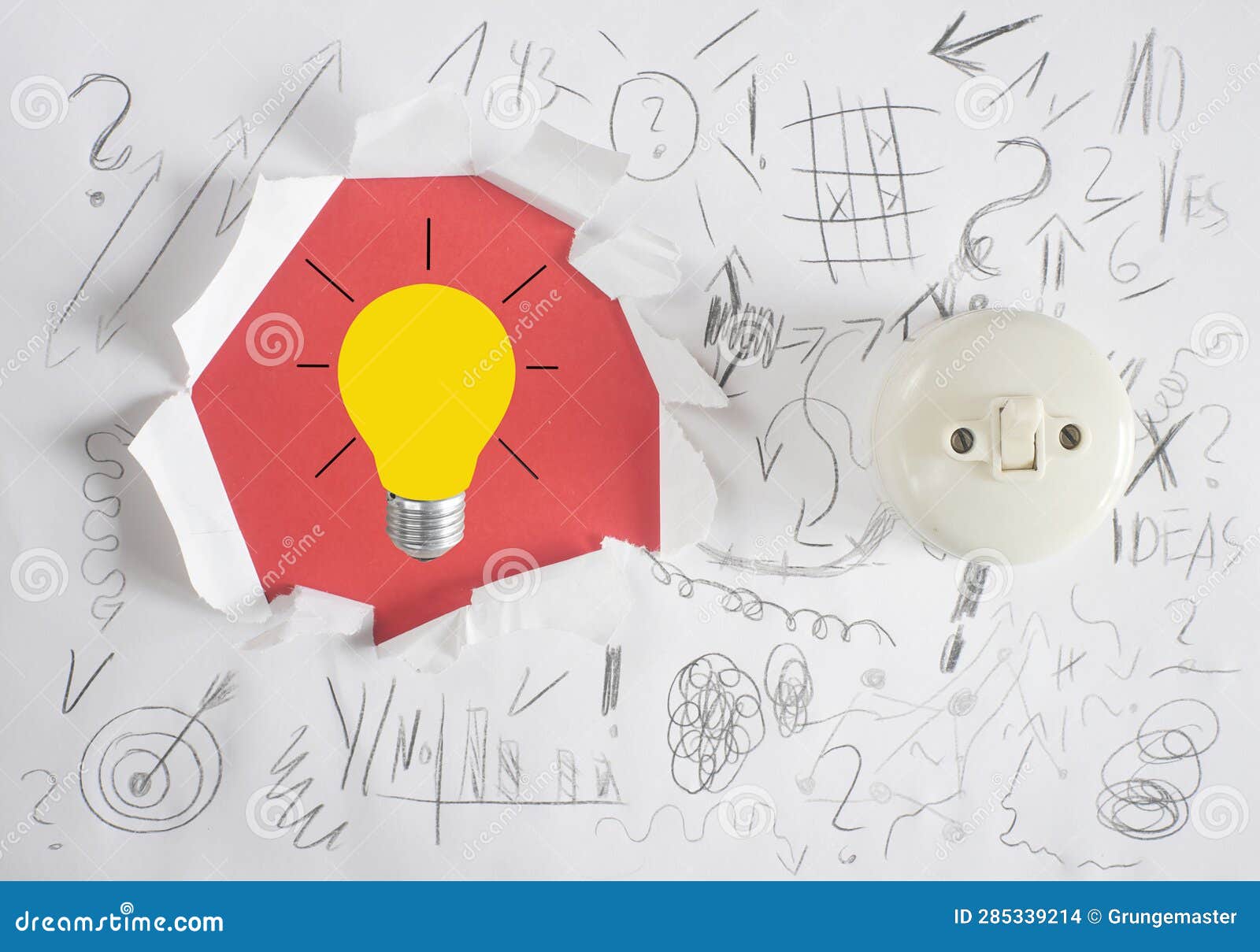 Lightbulb and Switch Inside of Punch Paper with Scribble and Question ...