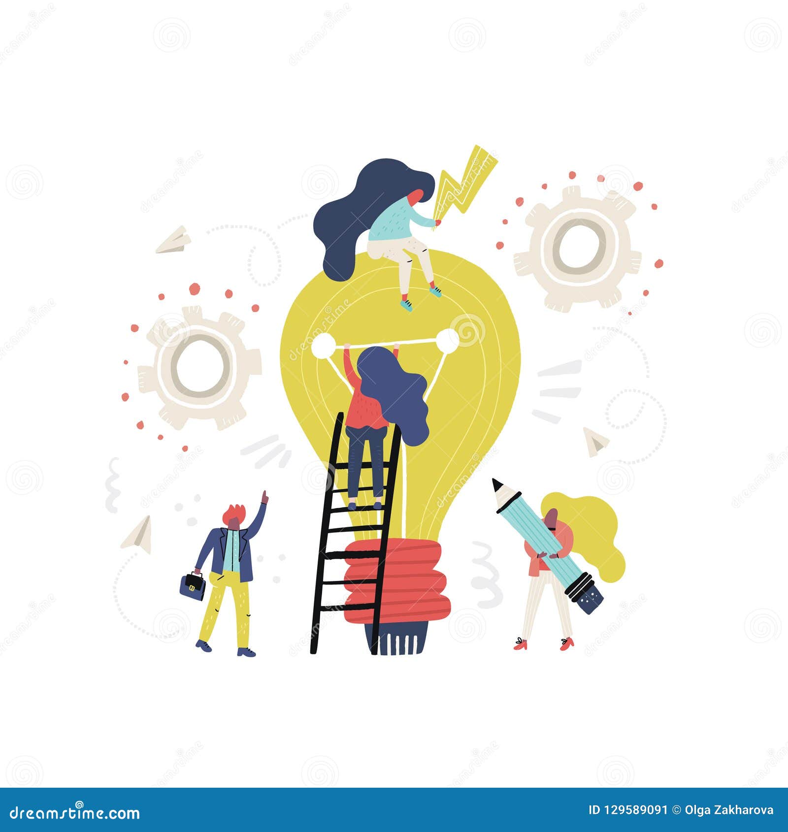 Lightbulb and workers stock vector. Illustration of cartoon - 129589091