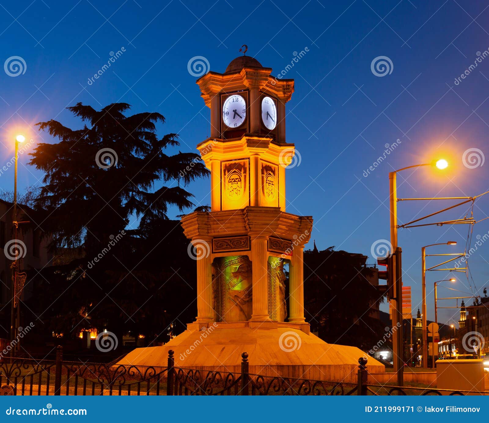 Lighted Clock Tower in Center of Bursa in Dusk, Turkey Stock Image ...