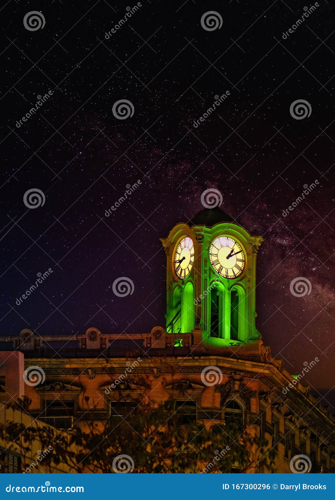 Lighted Clock Tower on Starry Night Stock Photo - Image of blue, bell ...