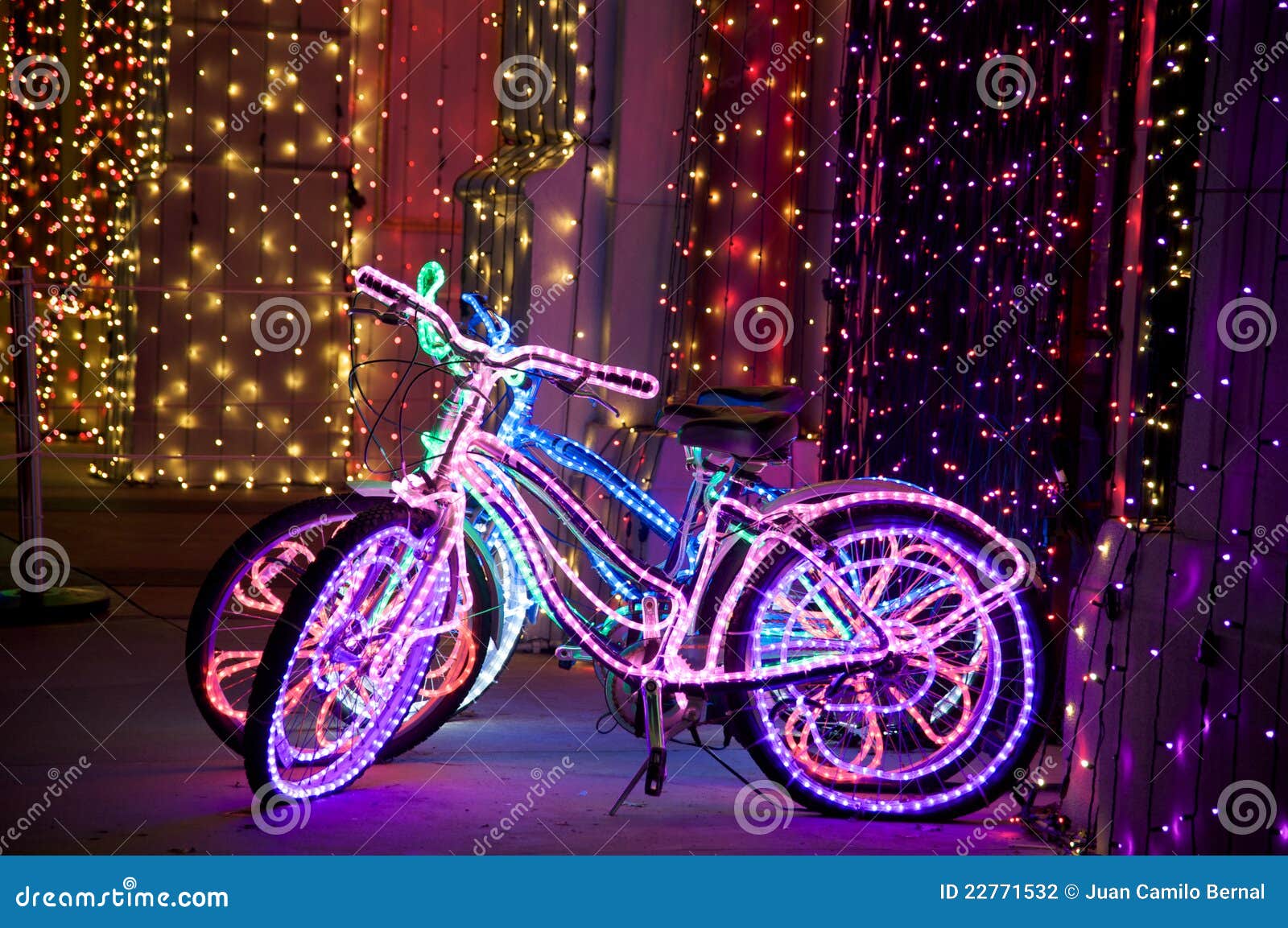 Lighted funky bicycles stock photo. Image of decoration - 22771532