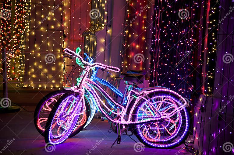 Lighted funky bicycles stock photo. Image of decoration - 22771532