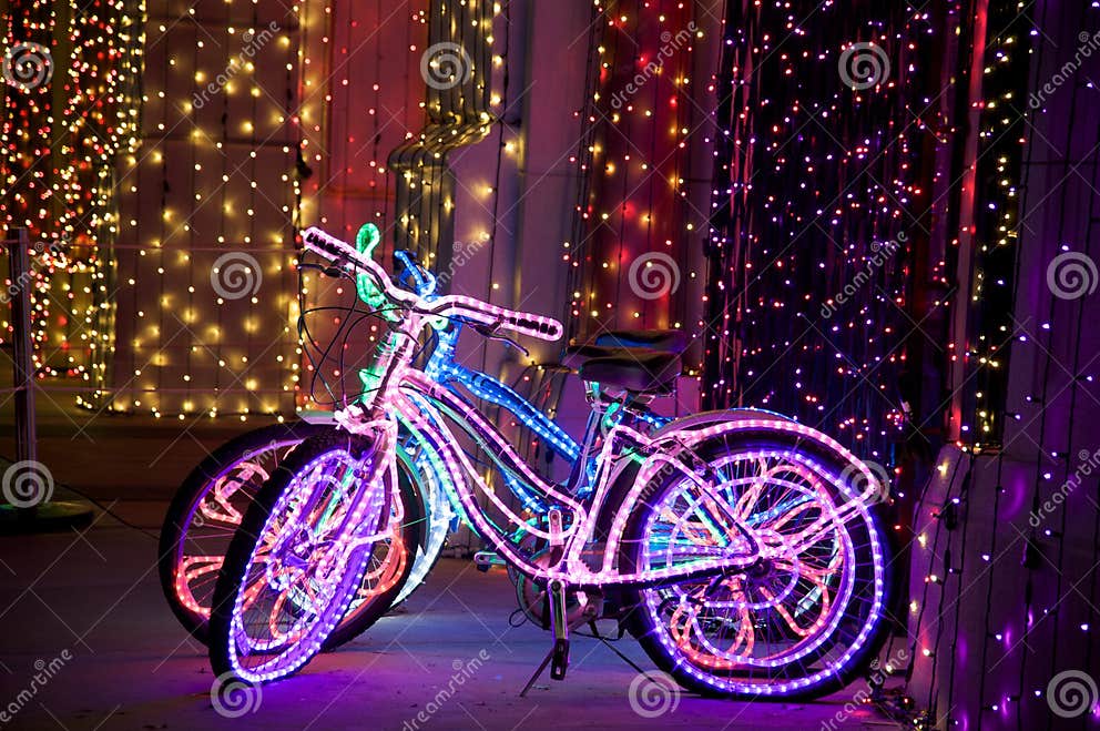 Lighted funky bicycles stock photo. Image of decoration - 22771532