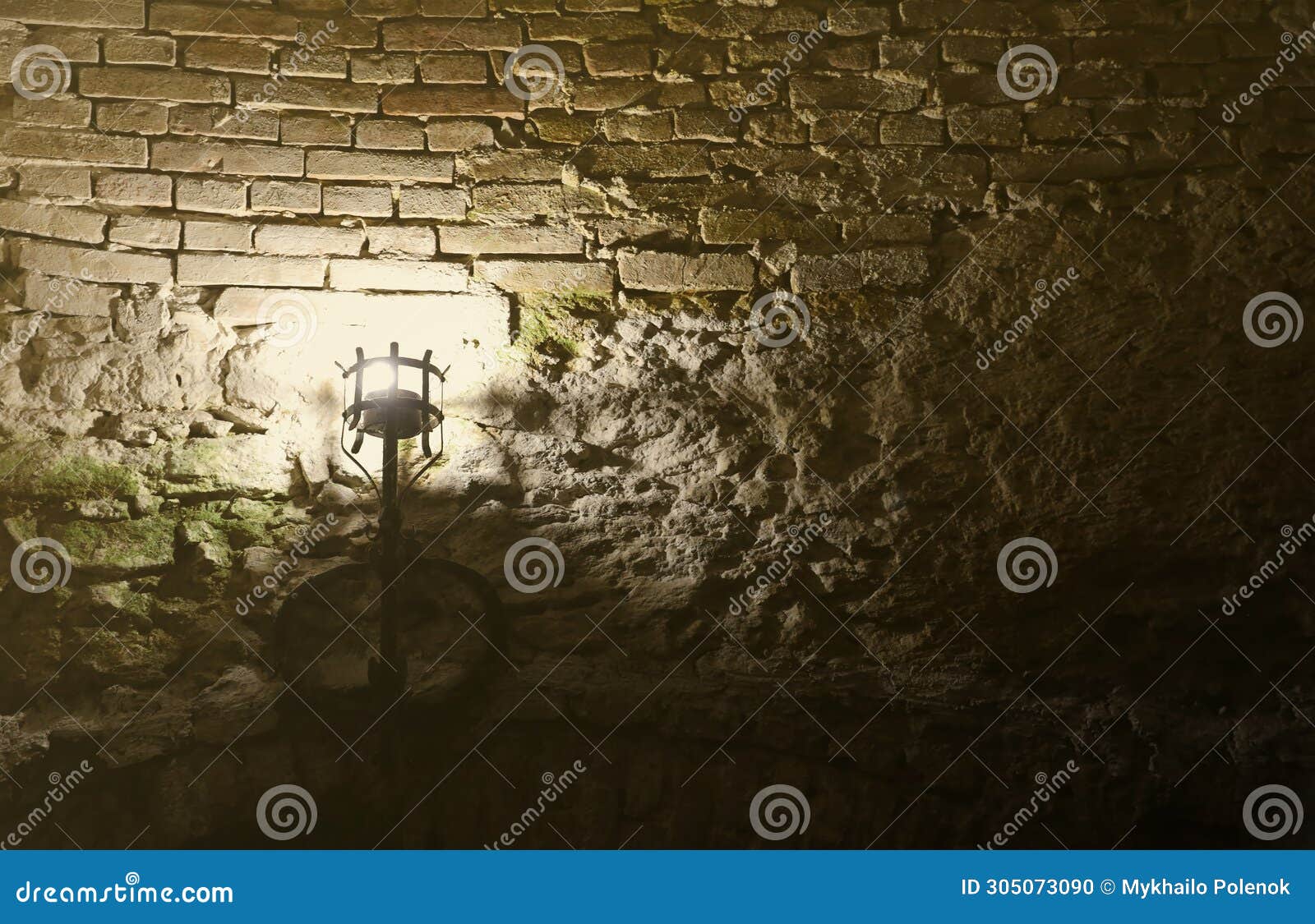 Lighted Medieval Castle Torch Hanging On A Stone Wall, Vintage Objects ...