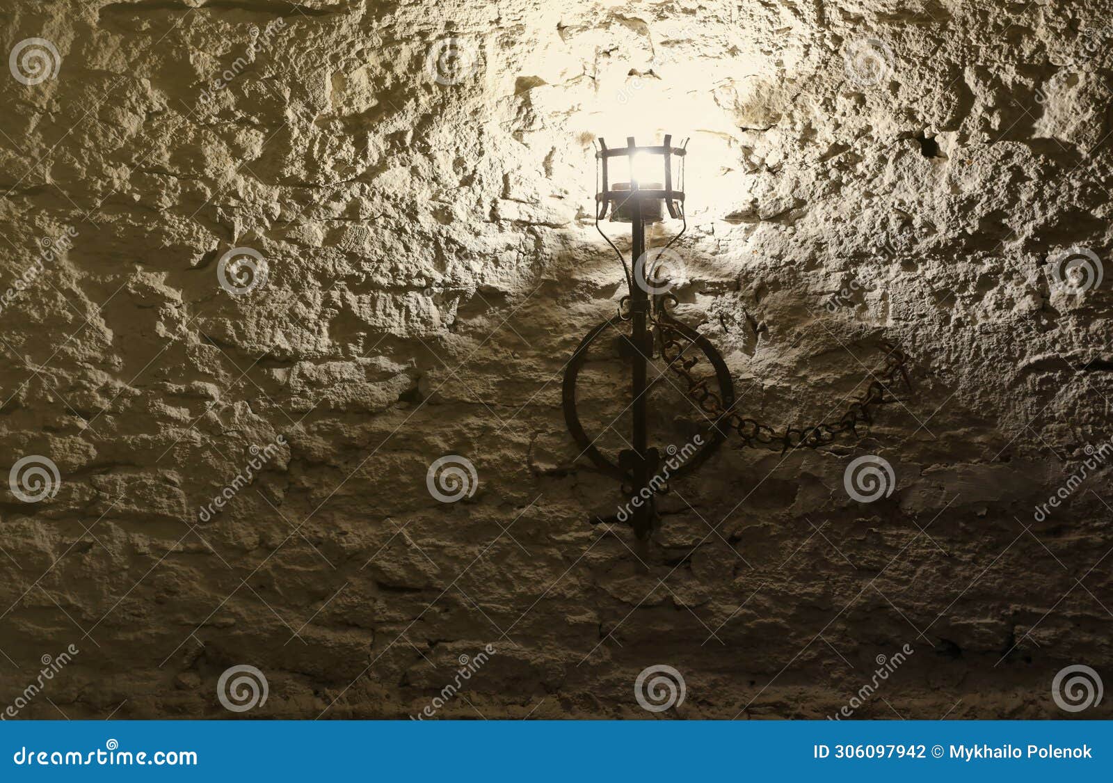 Lighted Medieval Castle Torch Hanging On A Stone Wall, Vintage Objects ...