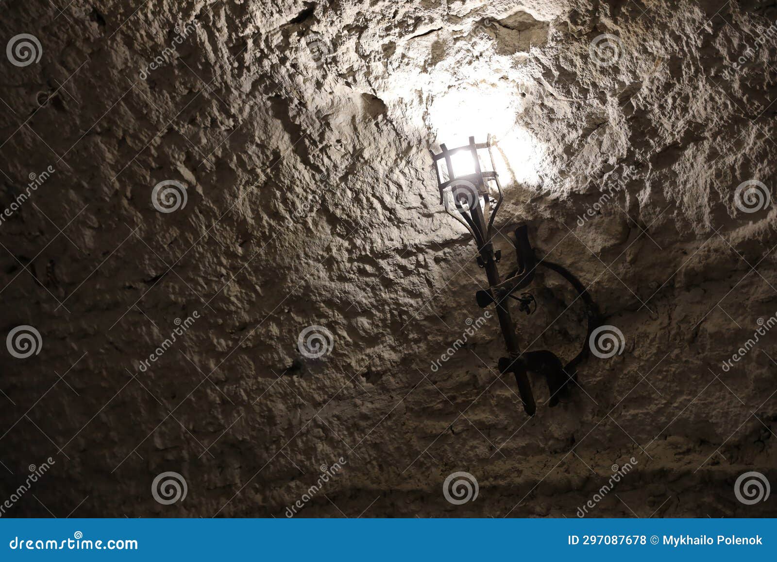 Lighted Medieval Castle Torch Hanging On A Stone Wall, Vintage Objects ...