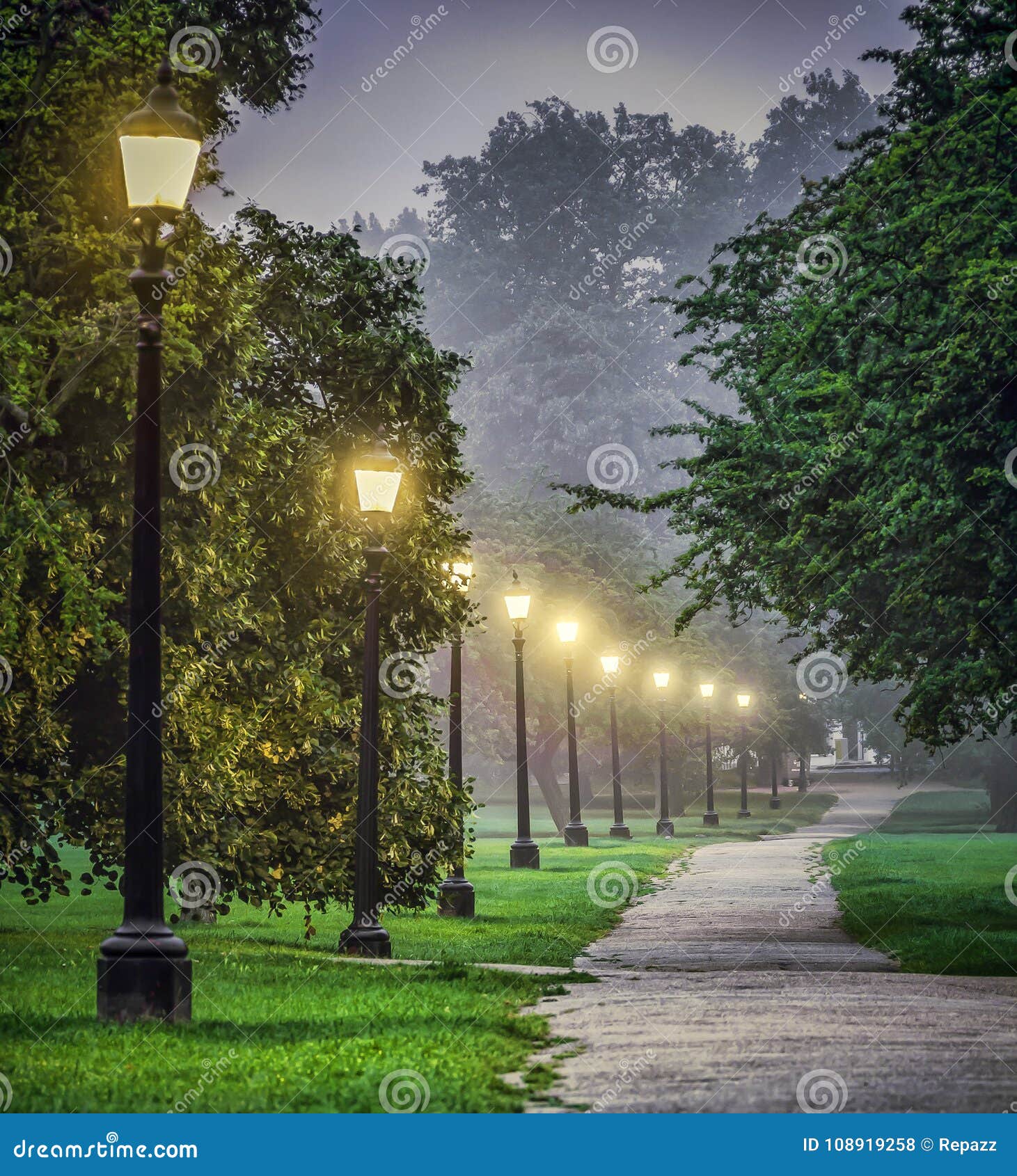 Lighted Park Path in the Morning Stock Photo - Image of empty, park ...