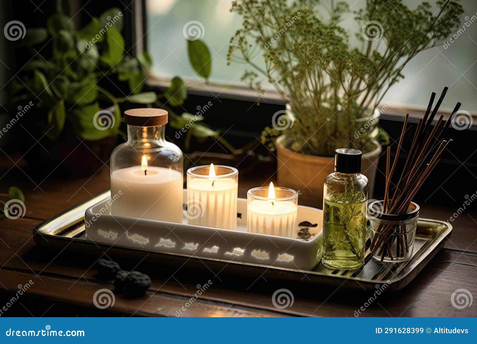Lighted White Candles and Essential Oil Diffuser on a Tray Stock Image ...
