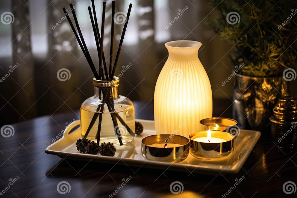 Lighted White Candles and Essential Oil Diffuser on a Tray Stock Photo ...