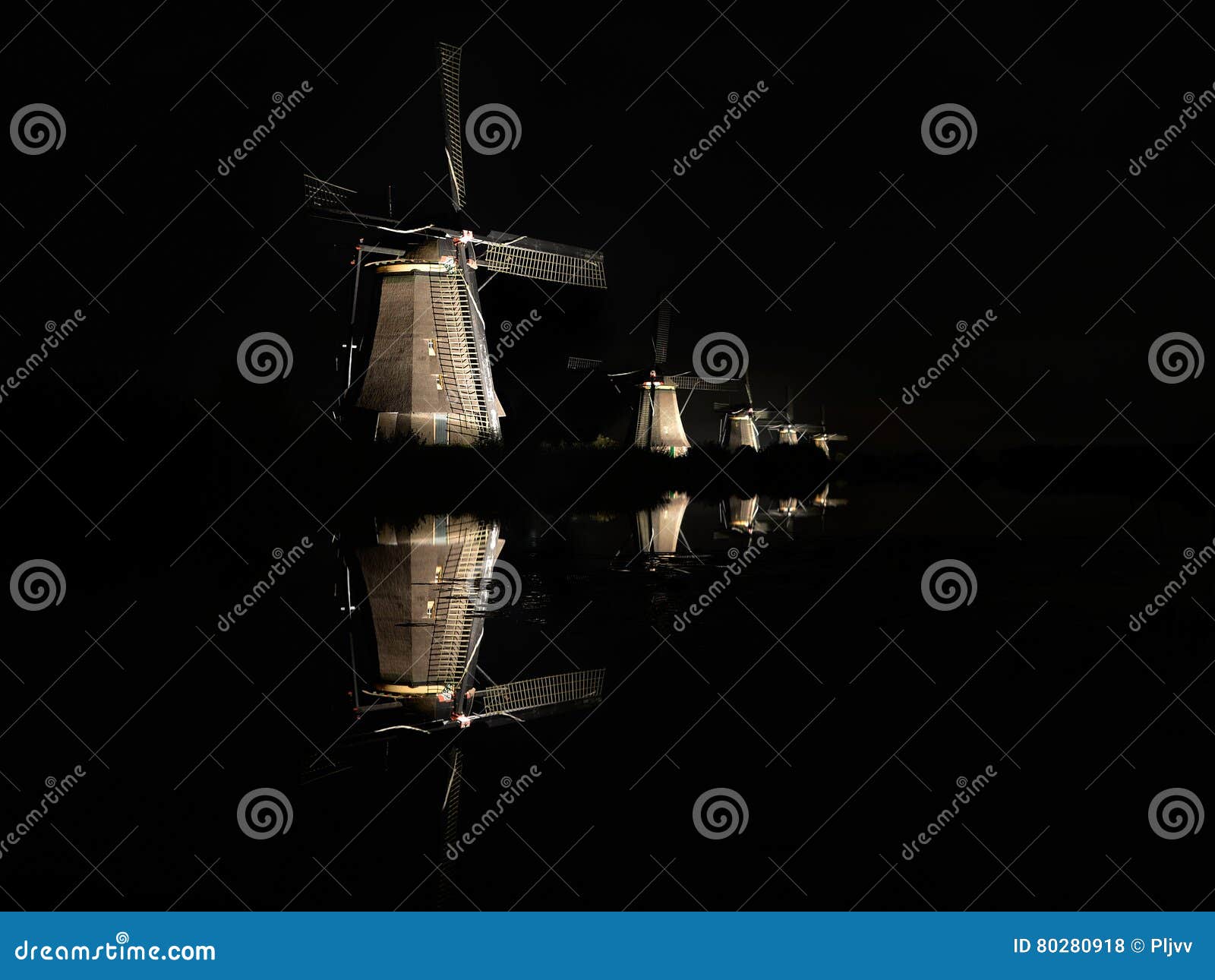 Lighted Windmills in the Black Night Stock Photo - Image of canal ...