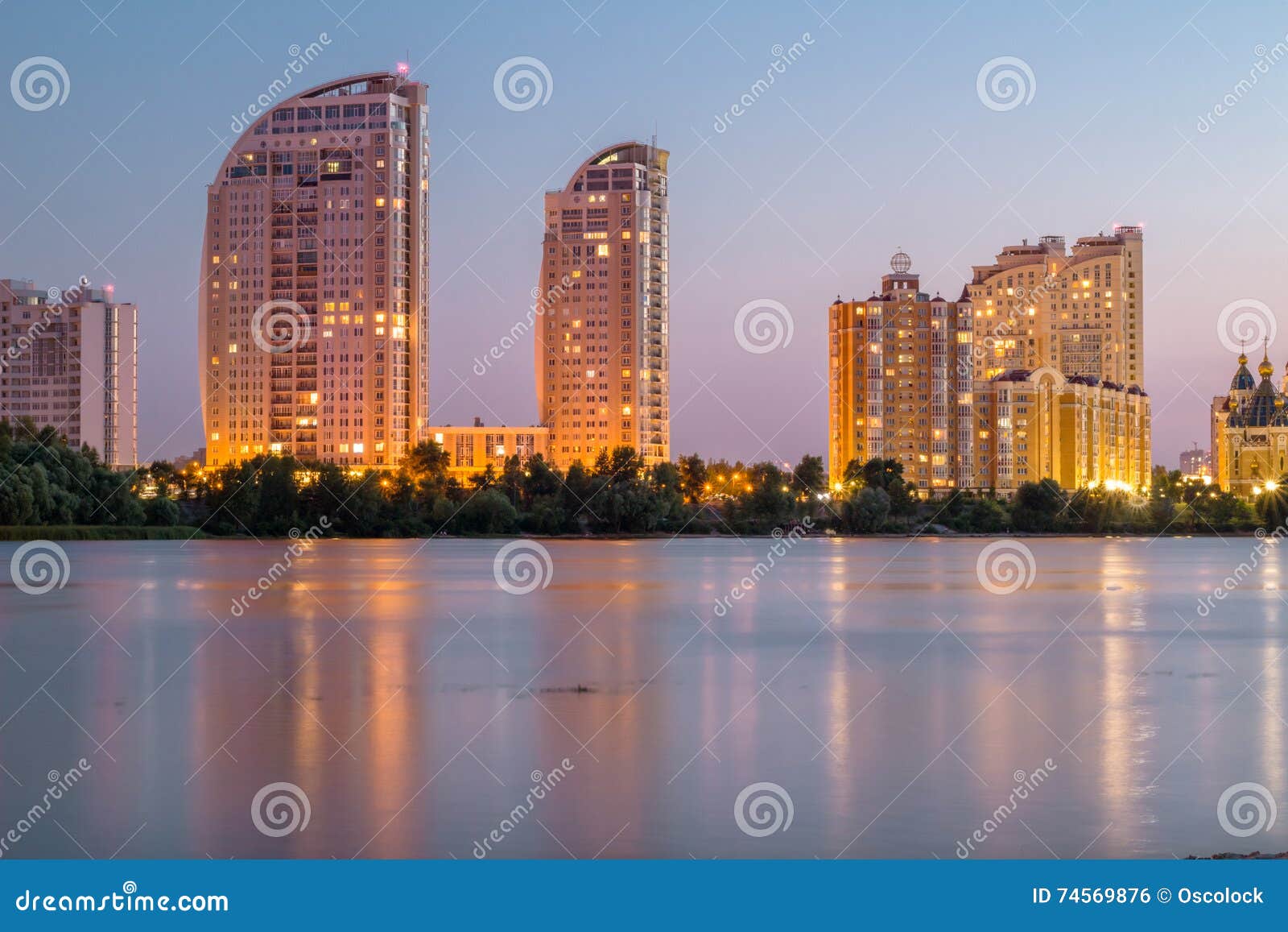 Lightened Buildings Reflected in River Water. Evening City. HDR Stock ...