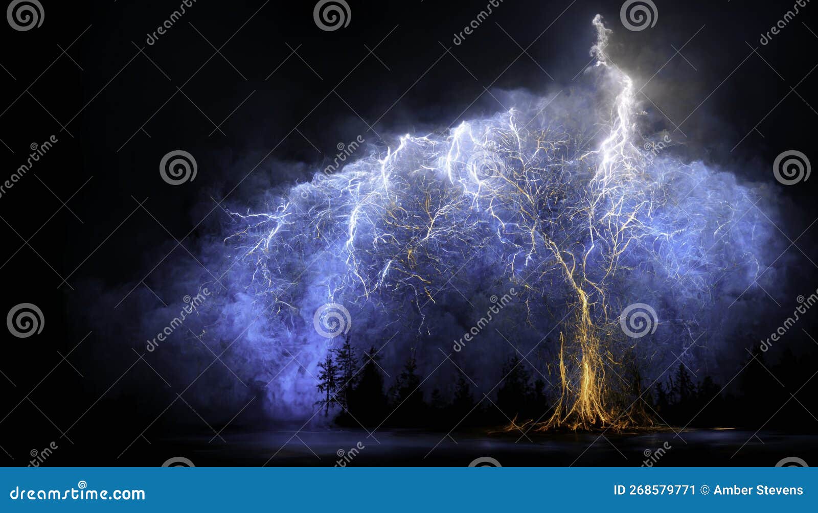 Lightening Causes A Forest Fire At Night Generative Ai Stock