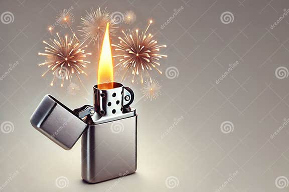 A Lighter with a Burning Flame and Fireworks. Space for Text. Stock ...
