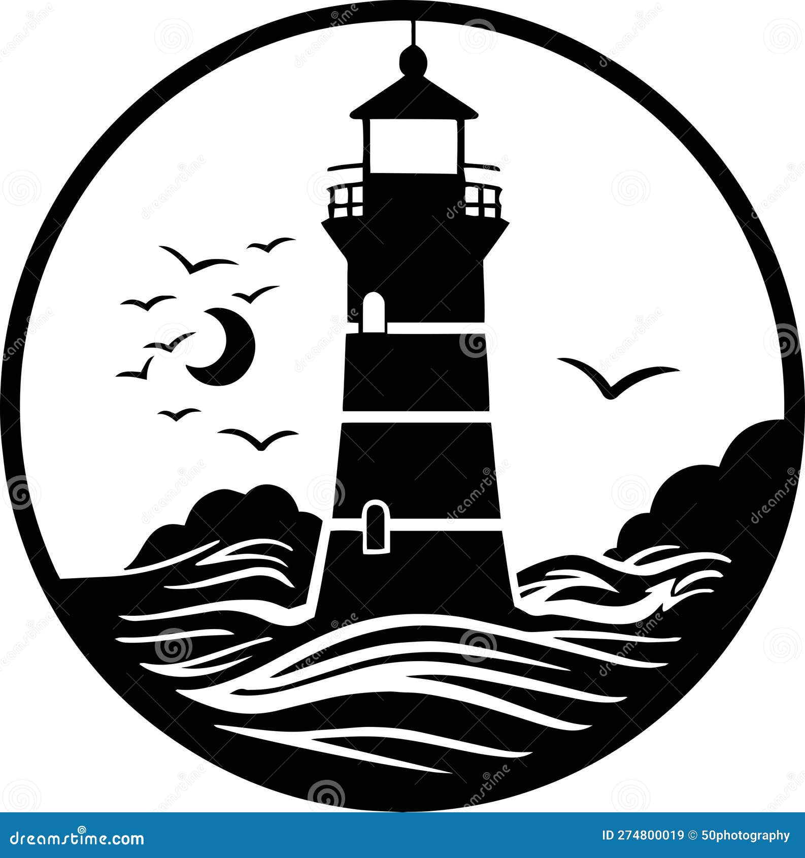 Lighthouse on the Sea. Black and White Vector Illustration in a Circle ...