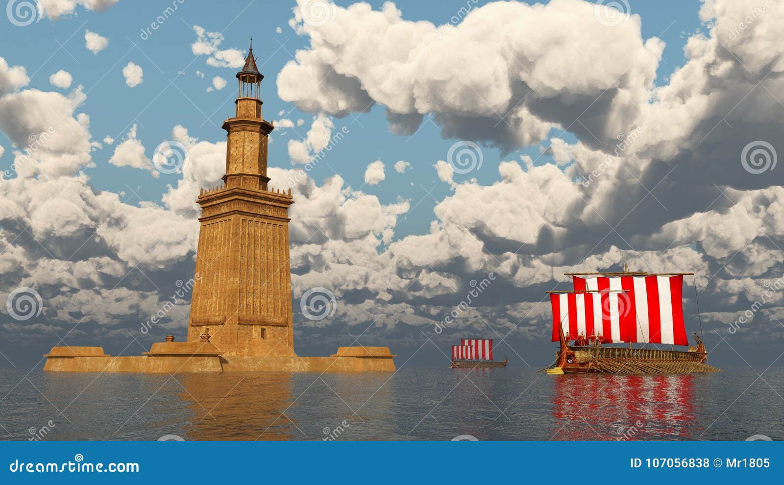 Lighthouse Of Alexandria And Ancient Greek Warships Royalty-Free ...