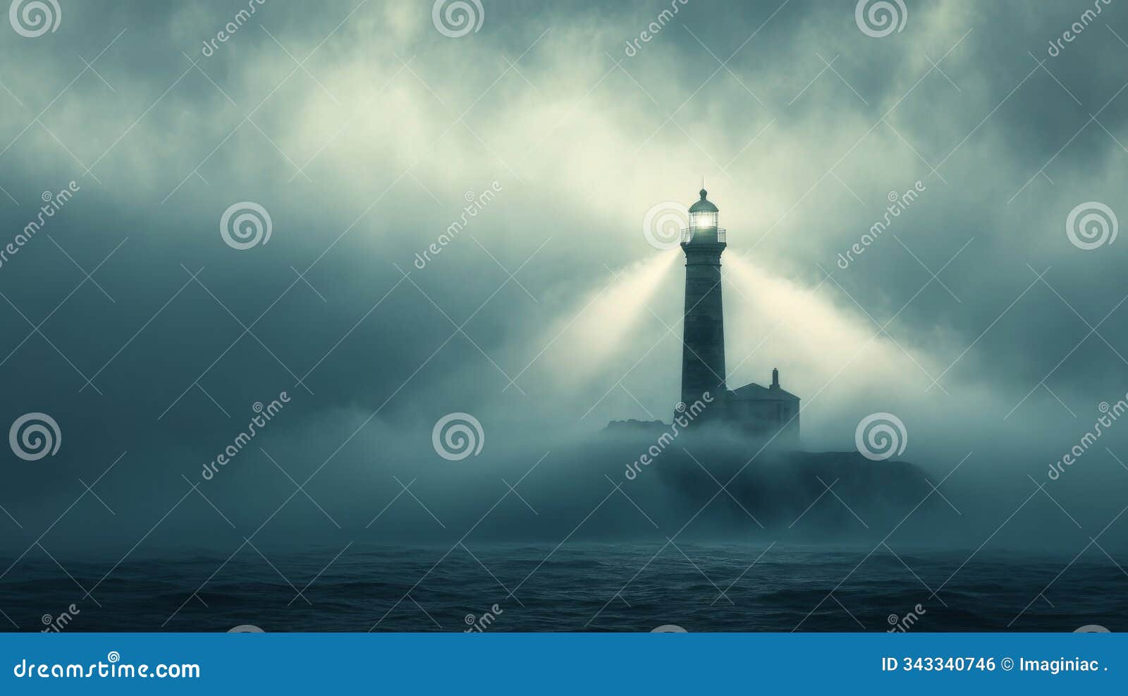 Lighthouse Beam Piercing through Fog Over the Ocean Stock Illustration ...