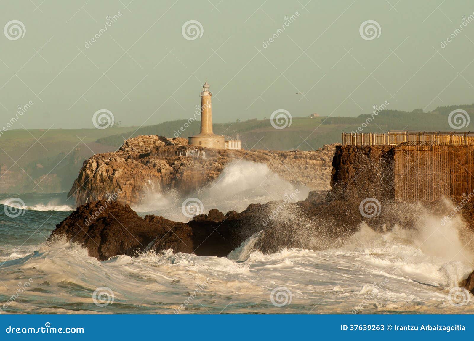 Lighthouse in the Big Waves, Storm in Mouro, Santander Stock Image ...